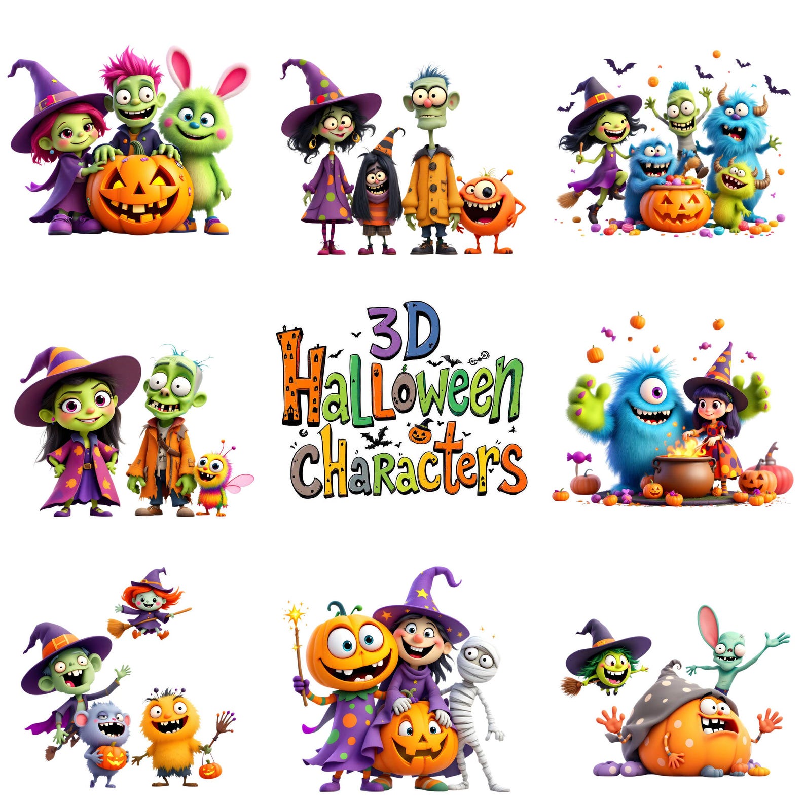 Cute 3D Halloween Clipart Bundle With Over 120 Characters, Witch Zombie ...