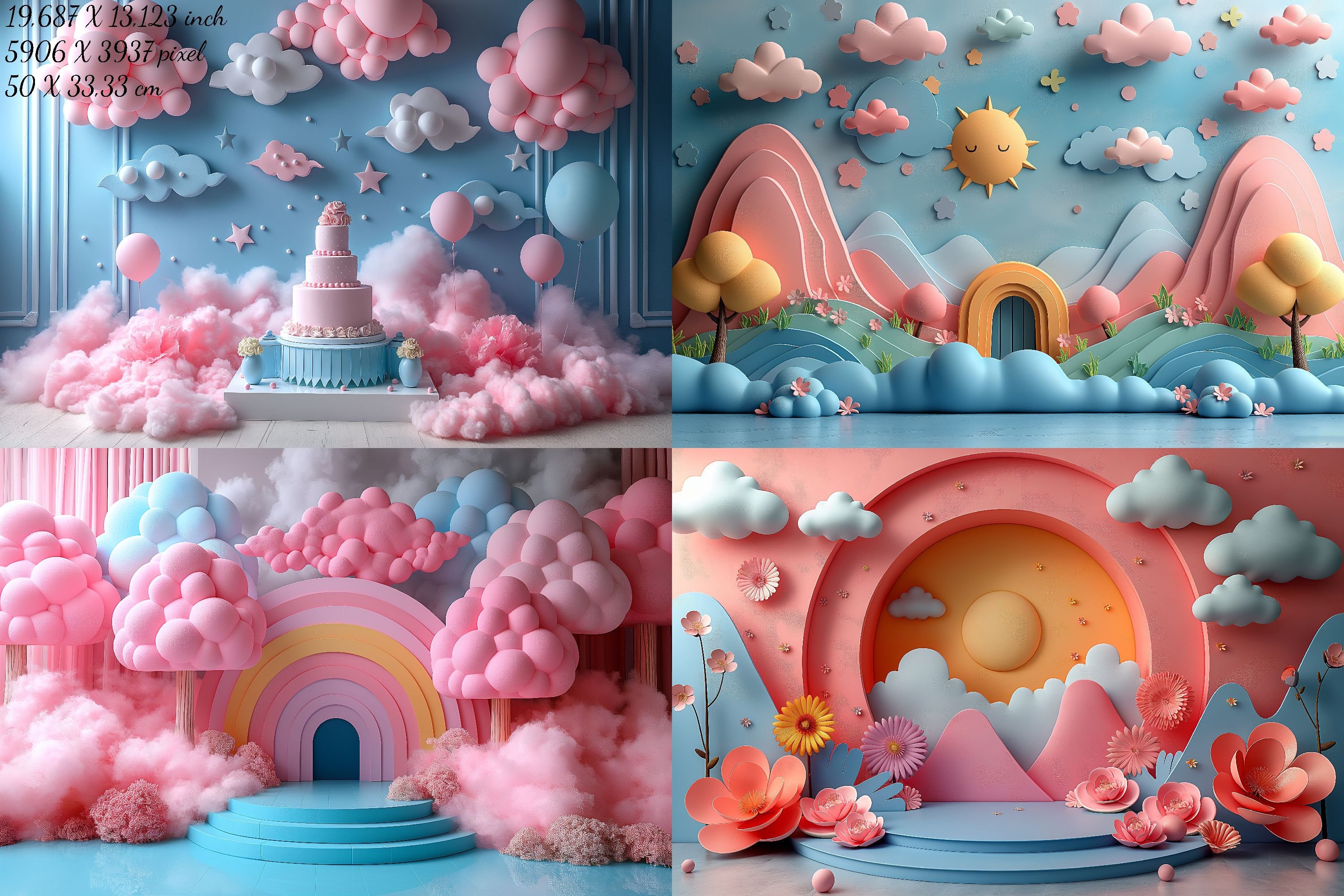 3D Baby Birthday Digital Backdrops Bundle 1, 3D Cute Kids Backgrounds ...