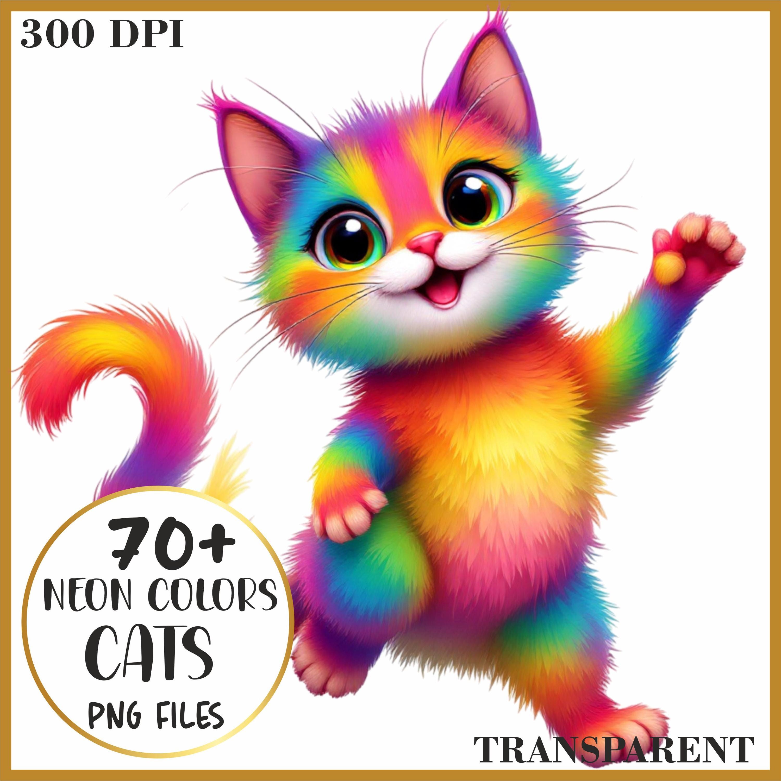 Neon Rainbow Cat Clipart PNG Bundle: 70+ Illustrations (digital ...