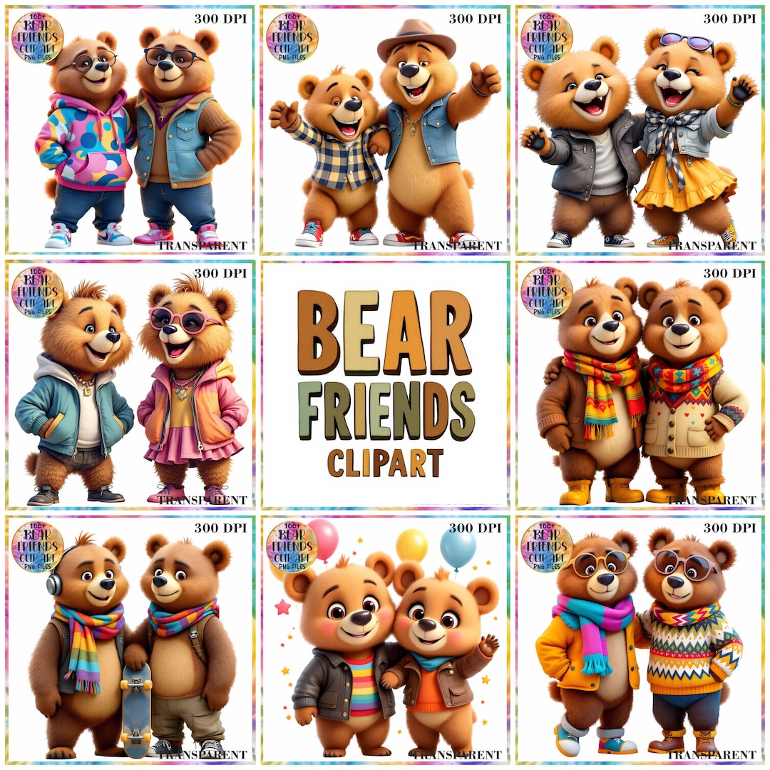 Bear Friends Clipart PNG Bundle, Cute Bear Clipart Set, Friendship ...