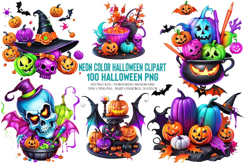 Neon Halloween Clipart Bundle: 100 PNG Designs (digital Download) - Etsy
