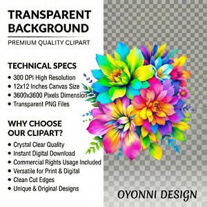 Neon Flowers Clipart Bundle: 350+ Floral PNG Graphics (digital Download ...