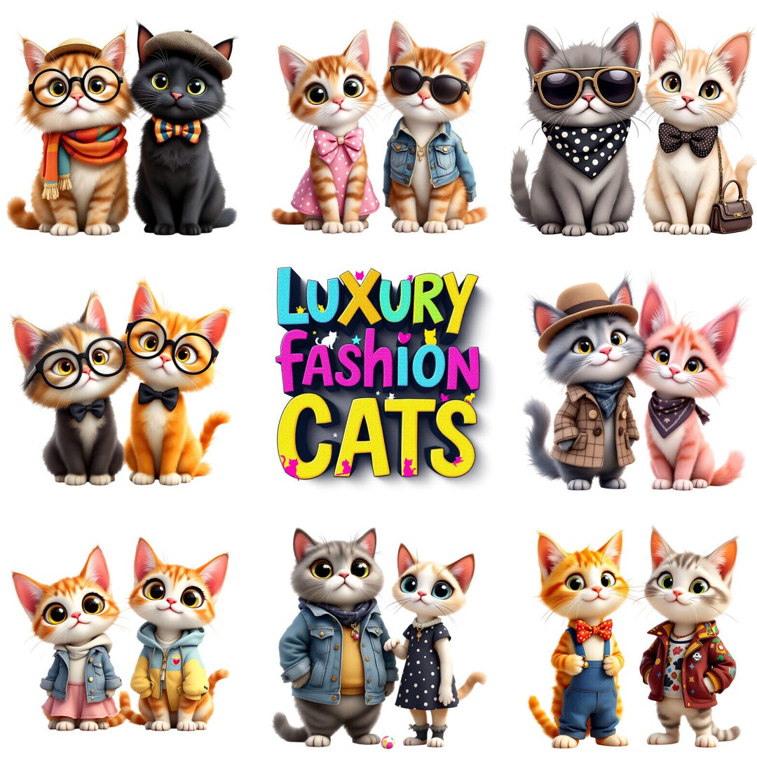 Luxury Fashion Cat Clipart Bundle | Designer Kittens PNG (digital ...
