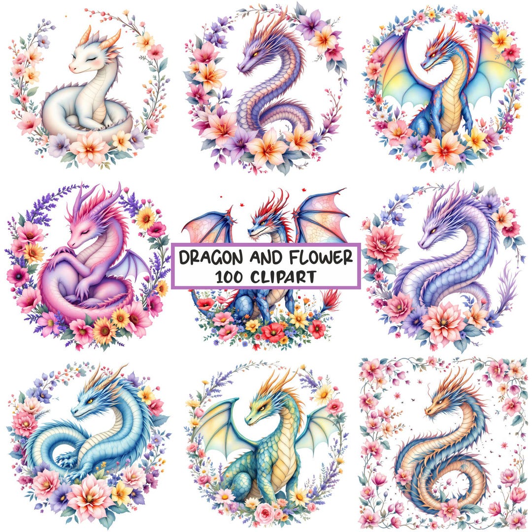 Watercolor Dragon Clipart Bundle: Whimsical Floral Pngs (100 Files) - Etsy