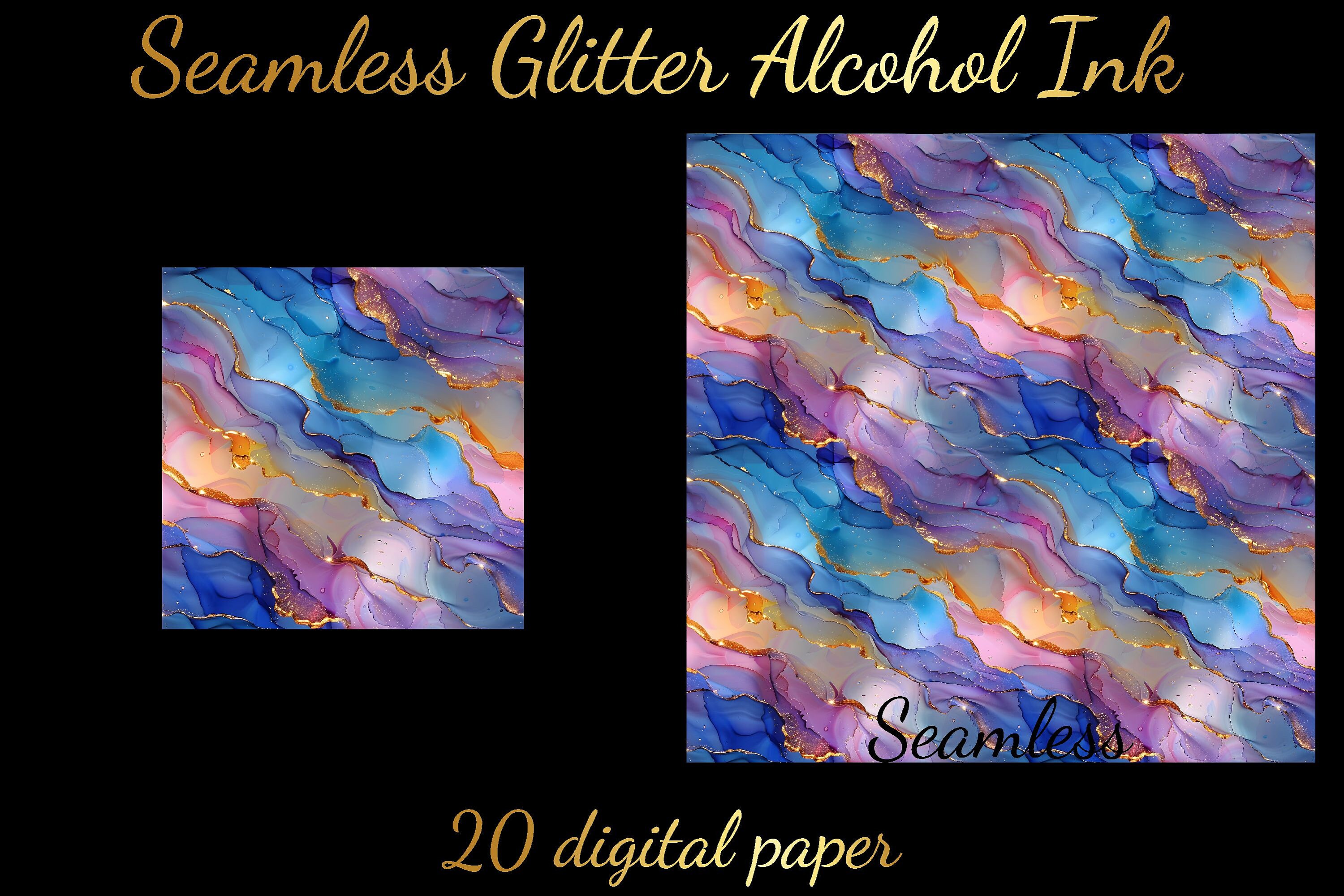 Seamless Glitter Alcohol Ink Digital Paper Bundle, 20 Abstract Glitter ...