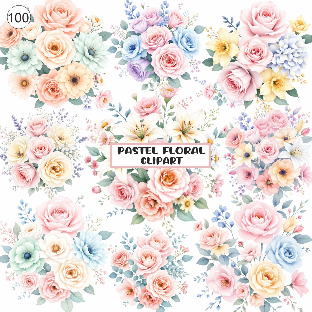 Watercolor Pastel Flower Clipart Set: Scrapbooking Floral Elements ...