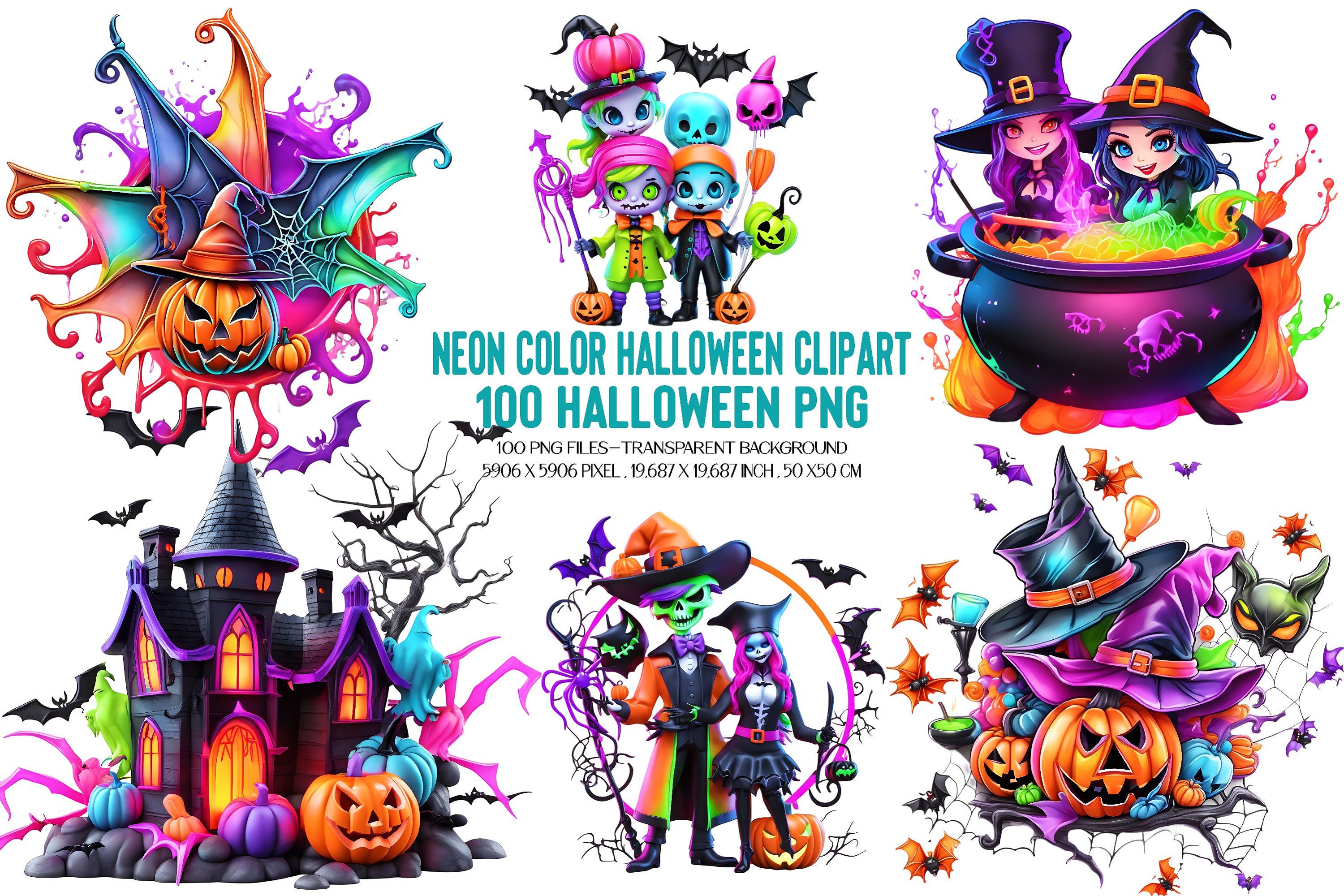 Neon Halloween Clipart Bundle: 100 PNG Designs (digital Download) - Etsy
