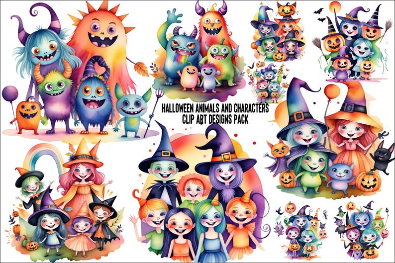 Halloween Watercolor Clip Art Pack Witch Pumpkins Cute Kids Ghosts Clip ...