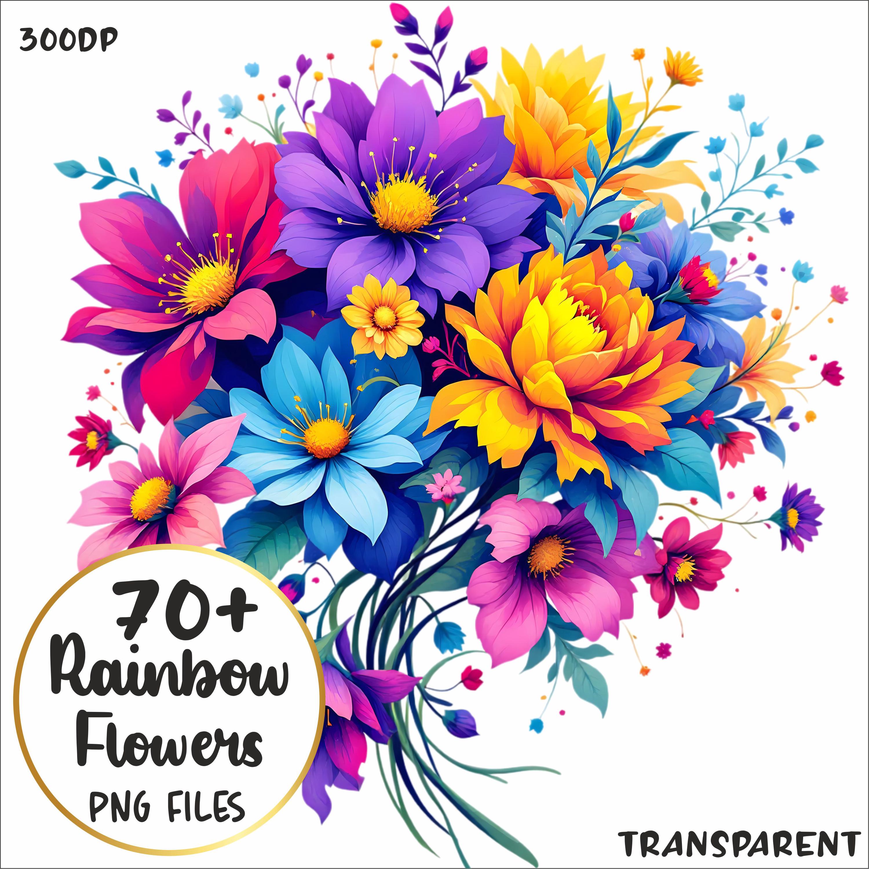 Rainbow Flowers Clipart Bundle: Watercolor Floral PNG Set (digital ...