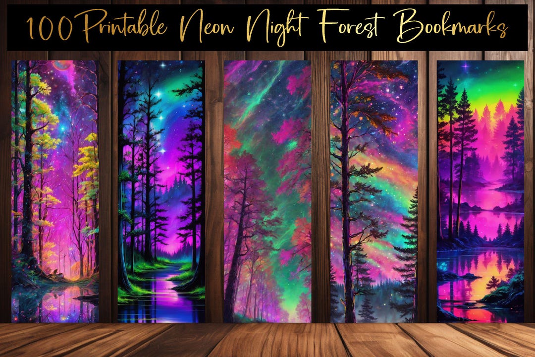100 Neon Starry Night Forest Bookmarks: Printable Sublimation Bundle ...