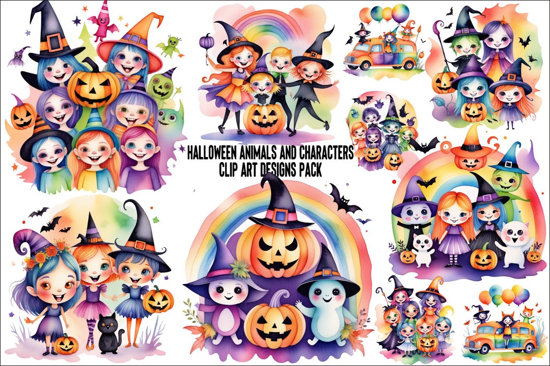 Halloween Watercolor Clip Art Pack Witch Pumpkins Cute Kids Ghosts Clip ...