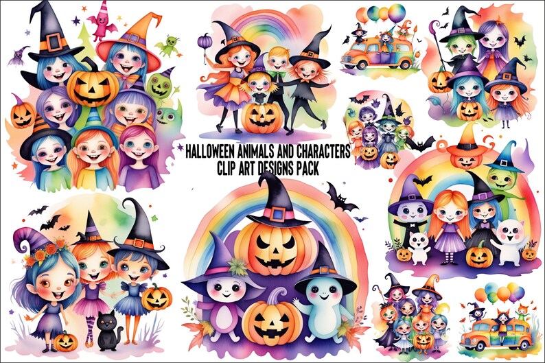 Halloween Watercolor Clip Art Pack Witch Pumpkins Cute Kids Ghosts Clip ...