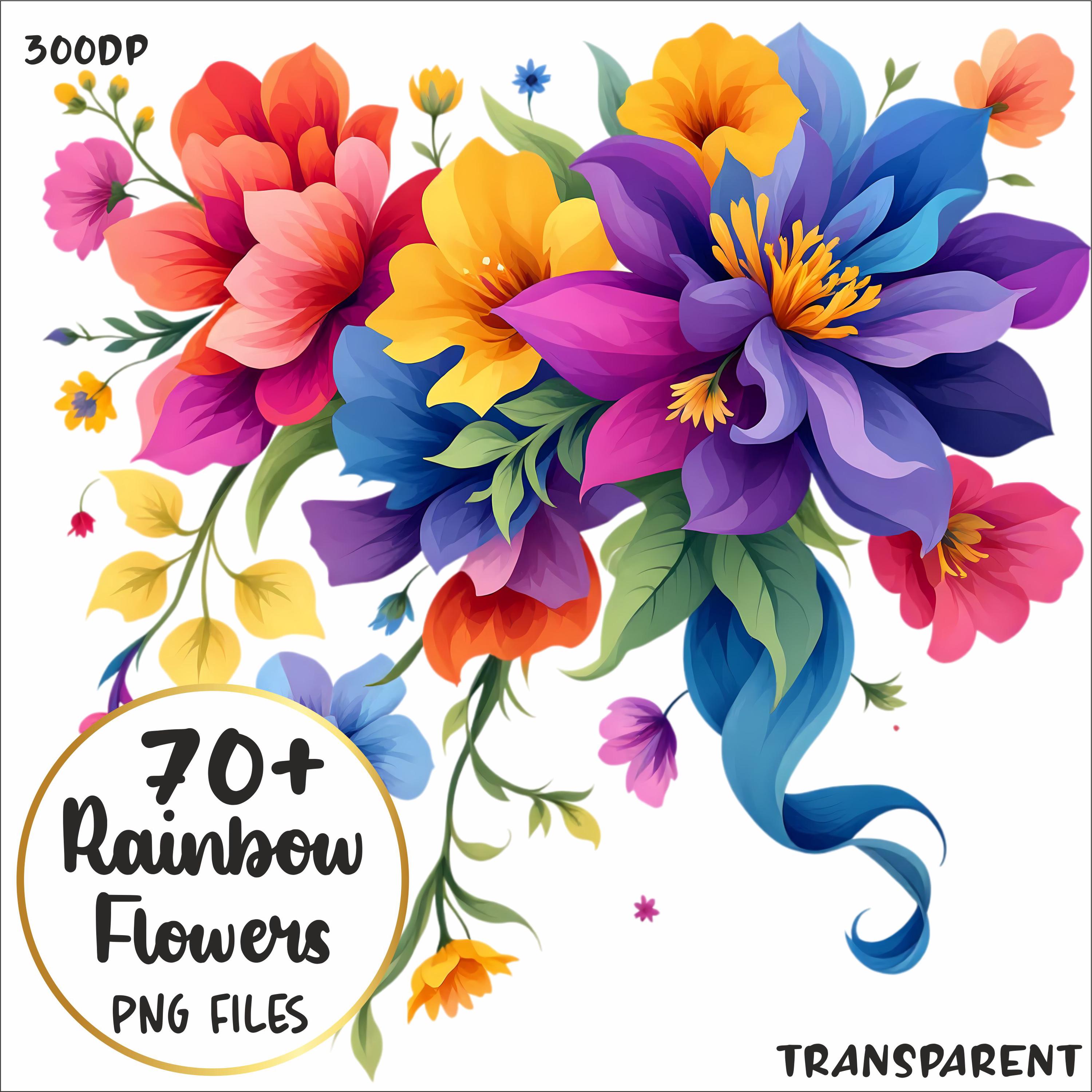 Rainbow Flowers Clipart Bundle: Watercolor Floral PNG Set (digital ...