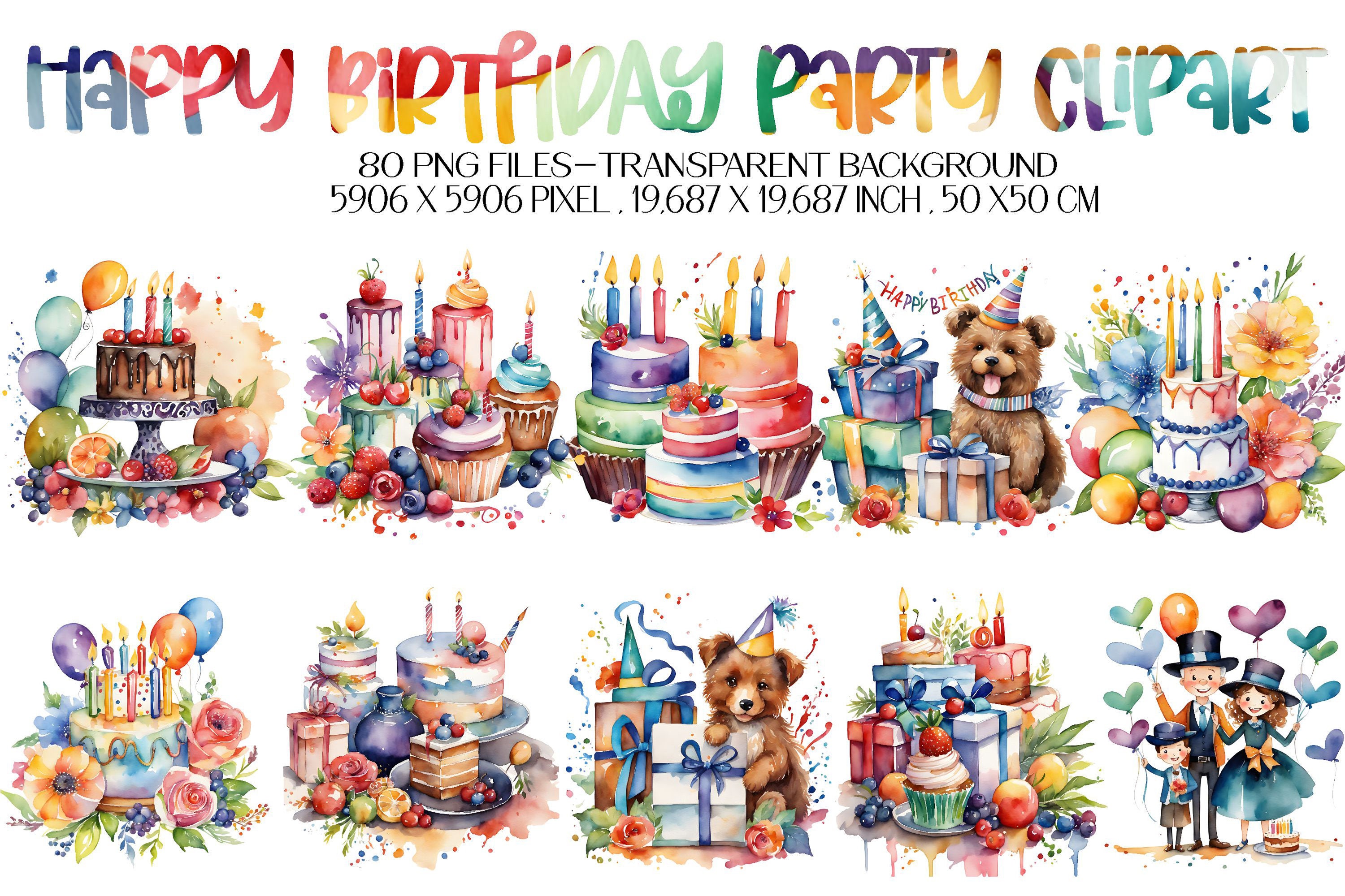 Watercolor Birthday Party Clipart, Happy Birthday Sublimation PNG ...