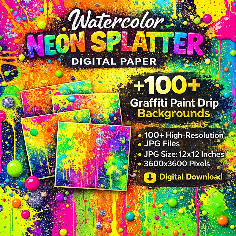 Watercolor Neon Splatter Digital Paper: 100+ Graffiti Paint Drip ...