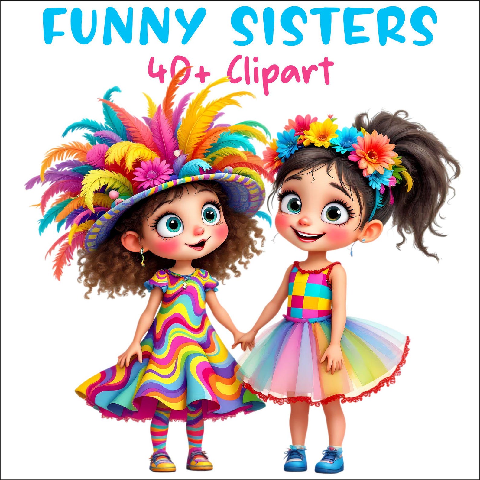 Cute Sisters Clipart Set, Funny Cartoon Girls PNG, Whimsical Kids ...