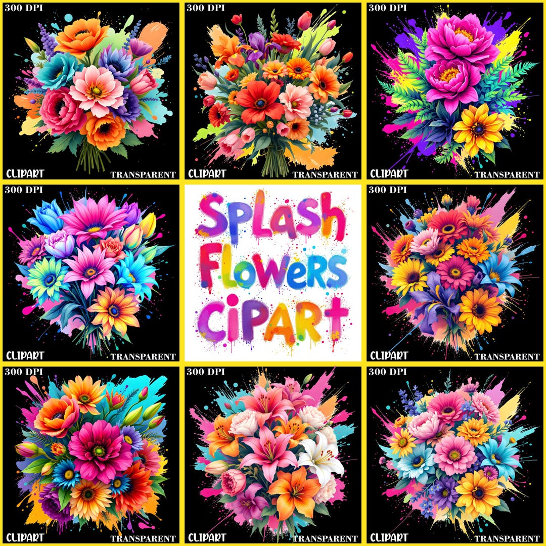 Splash Flower Clipart Bundle: Whimsical Floral Pngs (300 DPI ...