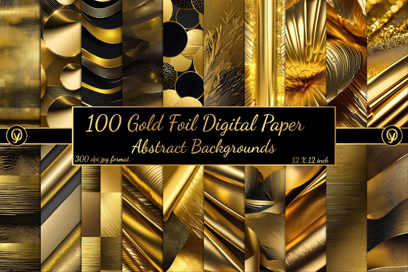 Holographic Metallic Gold Digital Paper Bundle, Gold Foil Digital ...