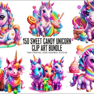 150 Sweet Candy Unicorn Clipart's Bundle, Cute Rainbow Colors Unicorn ...