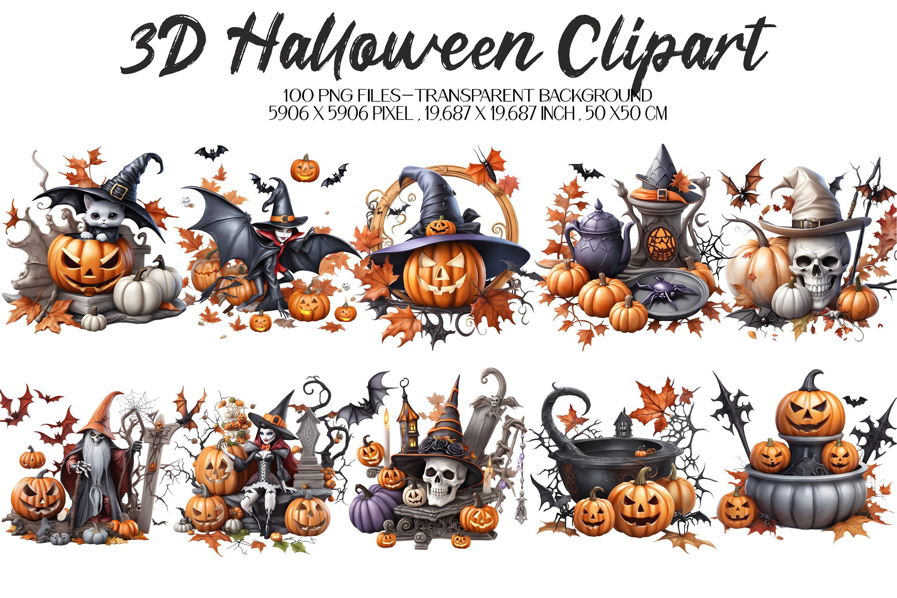 3D Scary Halloween Clipart Bundle,100 PNG 3D Halloween Characters ...