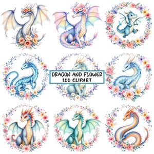 Watercolor Dragon Clipart Bundle: Whimsical Floral Pngs (100 Files) - Etsy