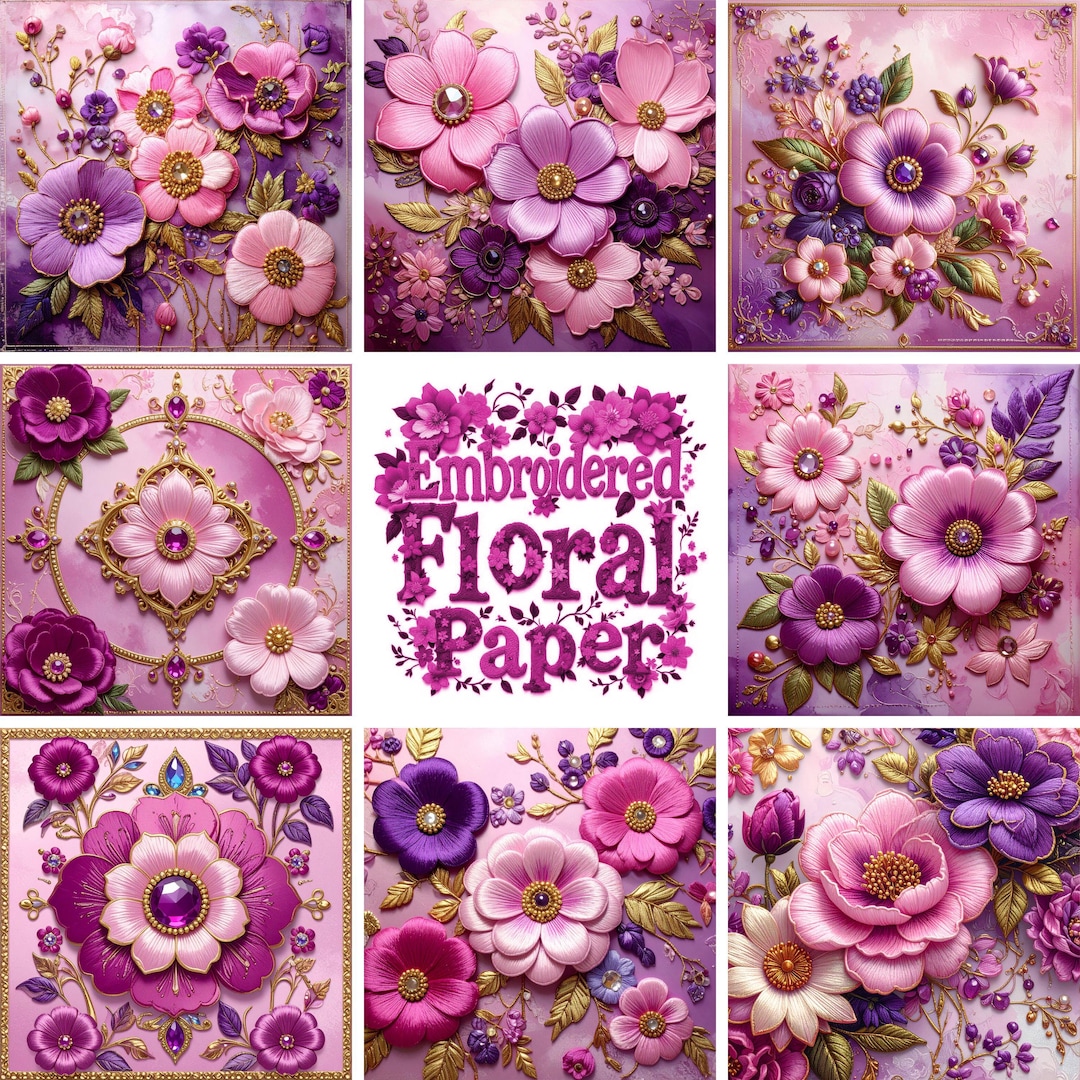 Luxury Embroidered Floral Paper Pack | Purple Pink Gold (digital ...