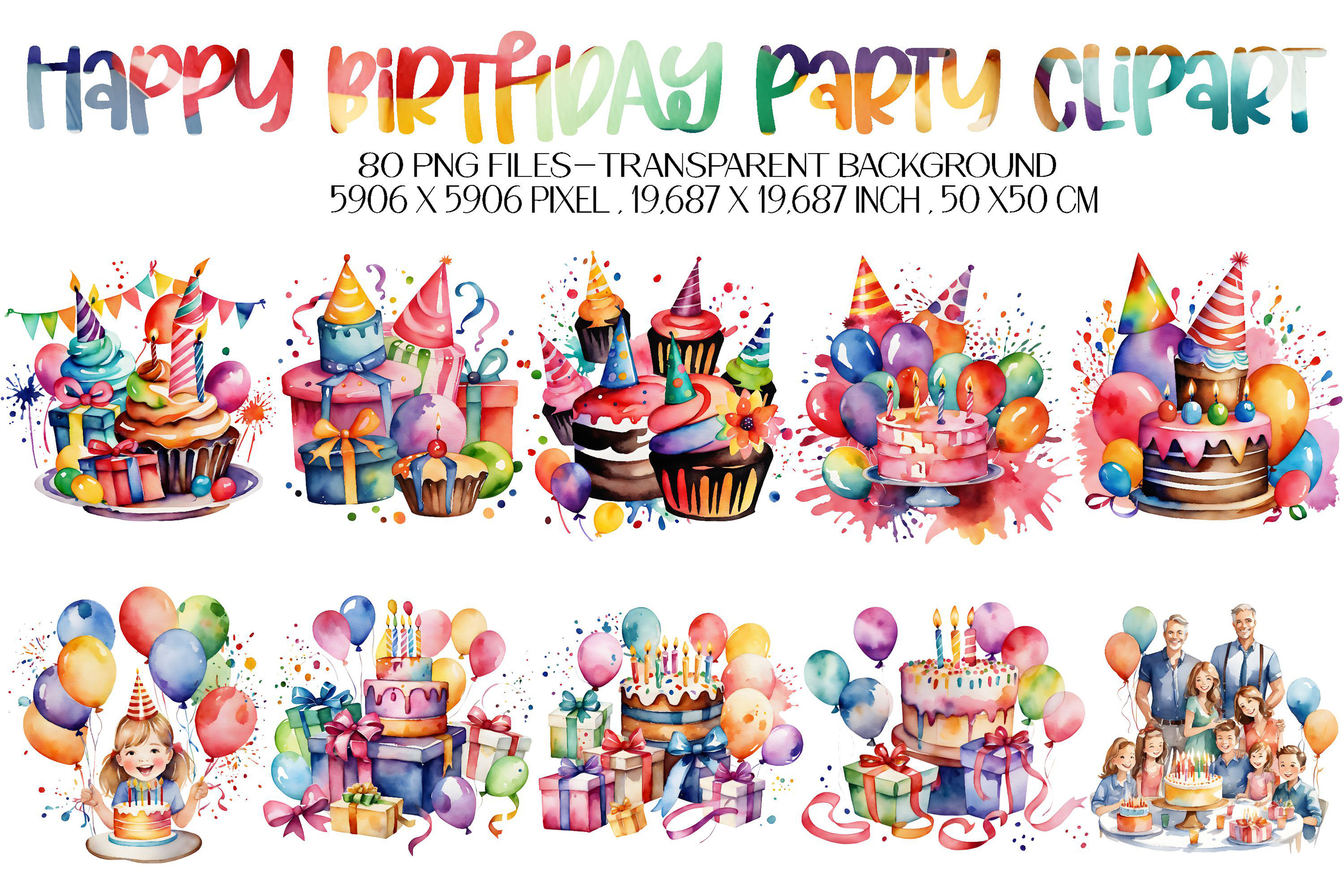Watercolor Birthday Party Clipart, Happy Birthday Sublimation PNG ...
