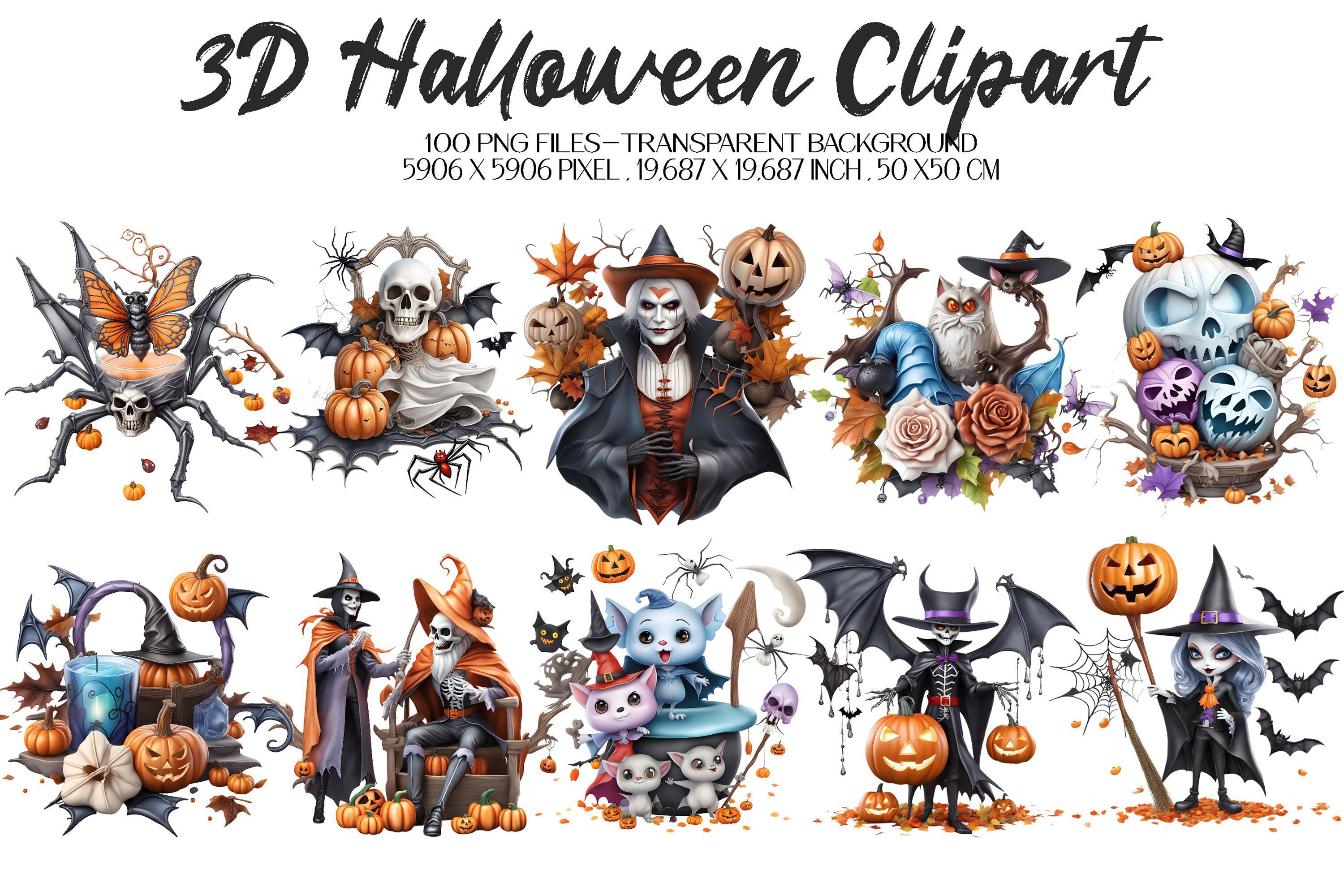 3D Scary Halloween Clipart Bundle,100 PNG 3D Halloween Characters ...