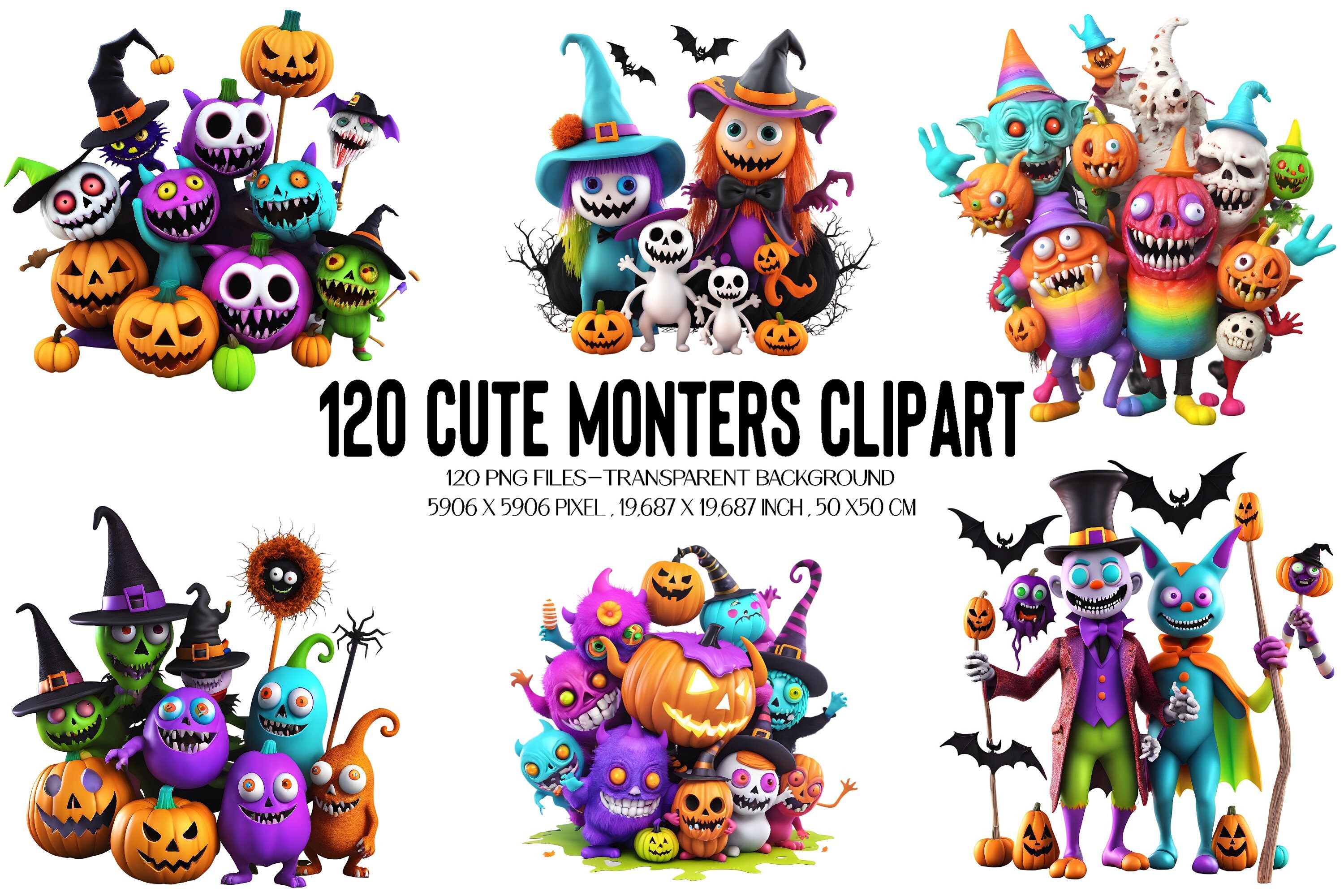 Neon Color Halloween Monster Clipart's, 120 PNG Clipart, Cute Monster ...