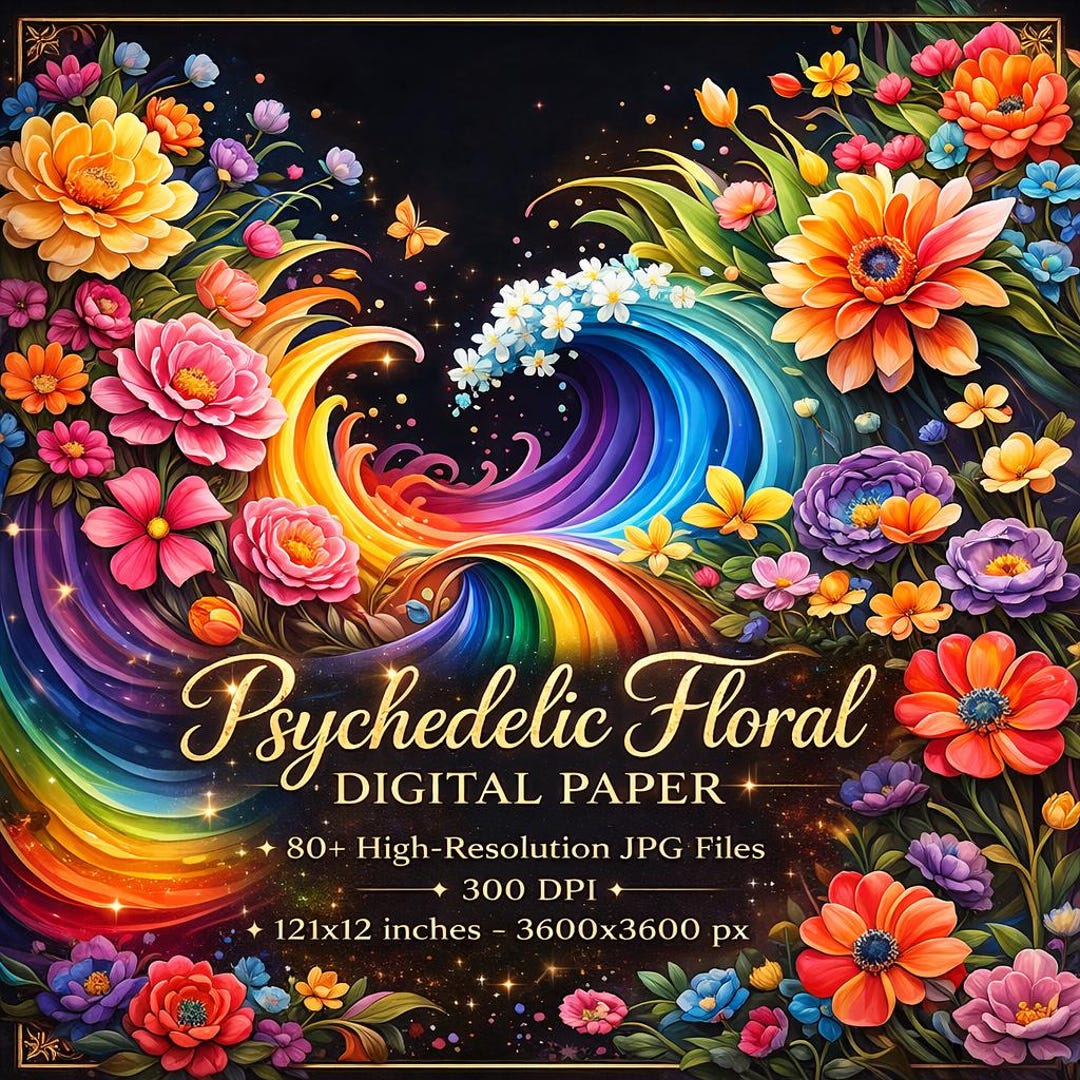 Psychedelic Floral Digital Paper | 80+ Trippy Colorful Retro Flower ...
