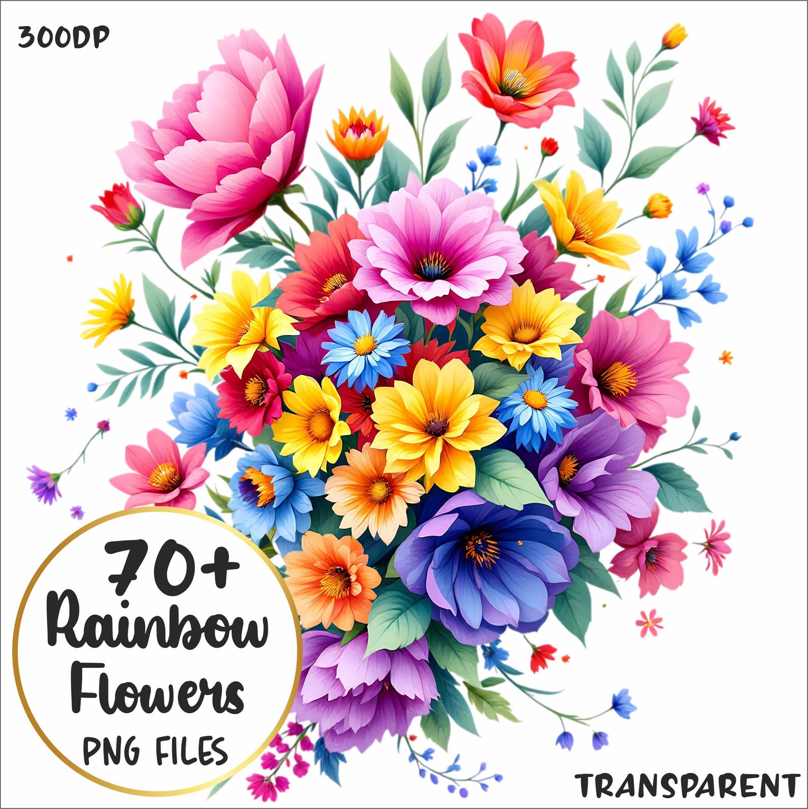 Rainbow Flowers Clipart Bundle: Watercolor Floral PNG Set (digital ...