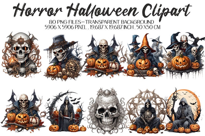 80 Horror Halloween Characters Clipart PNG Bundle, Scary Halloween ...