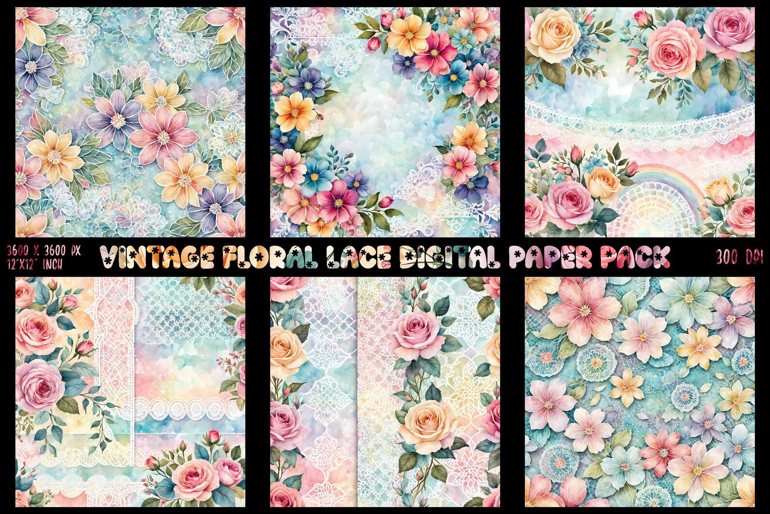 Watercolor Floral Lace Digital Paper: Shabby Chic Scrapbook (digital ...