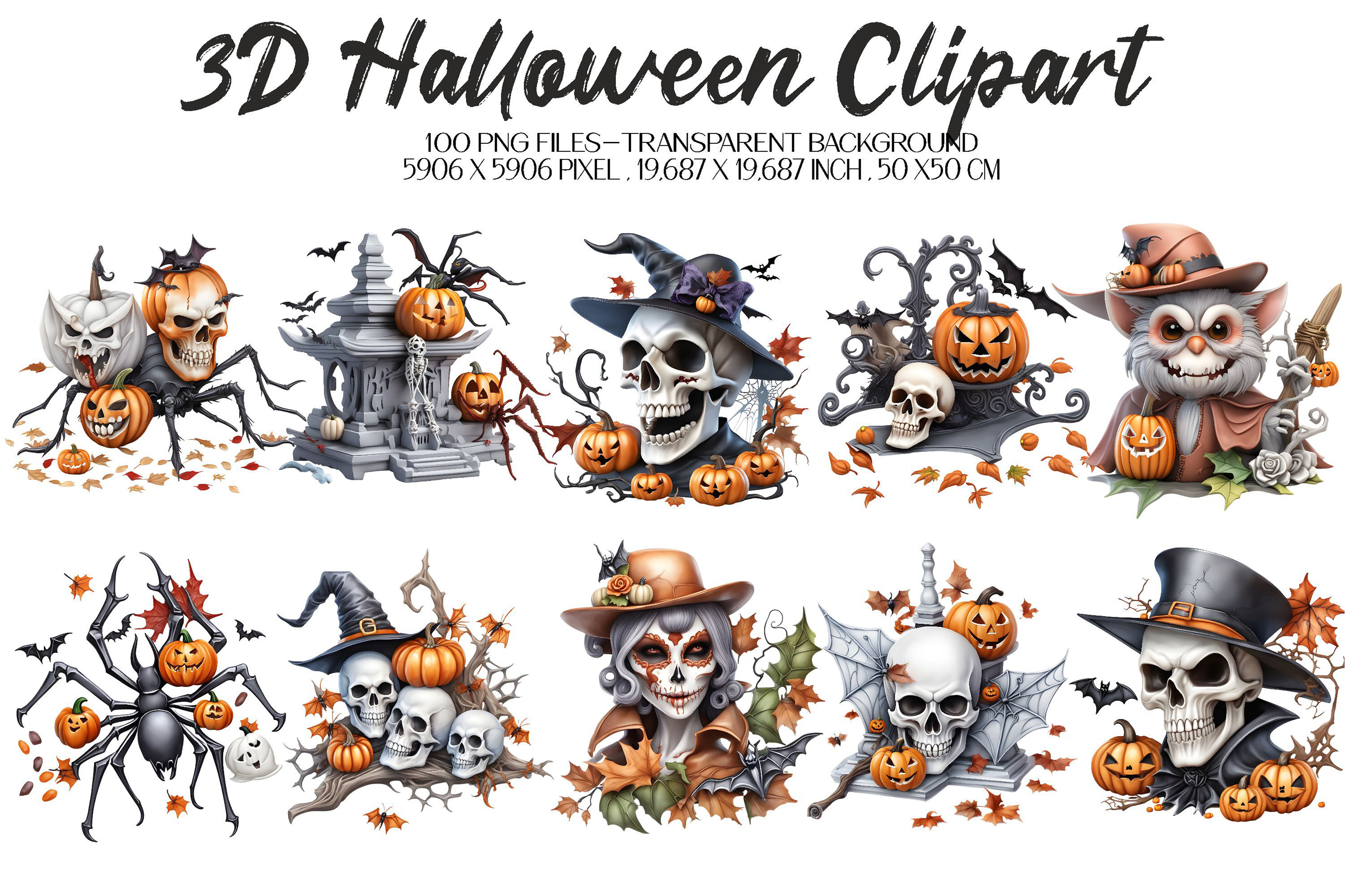 3D Scary Halloween Clipart Bundle,100 PNG 3D Halloween Characters ...
