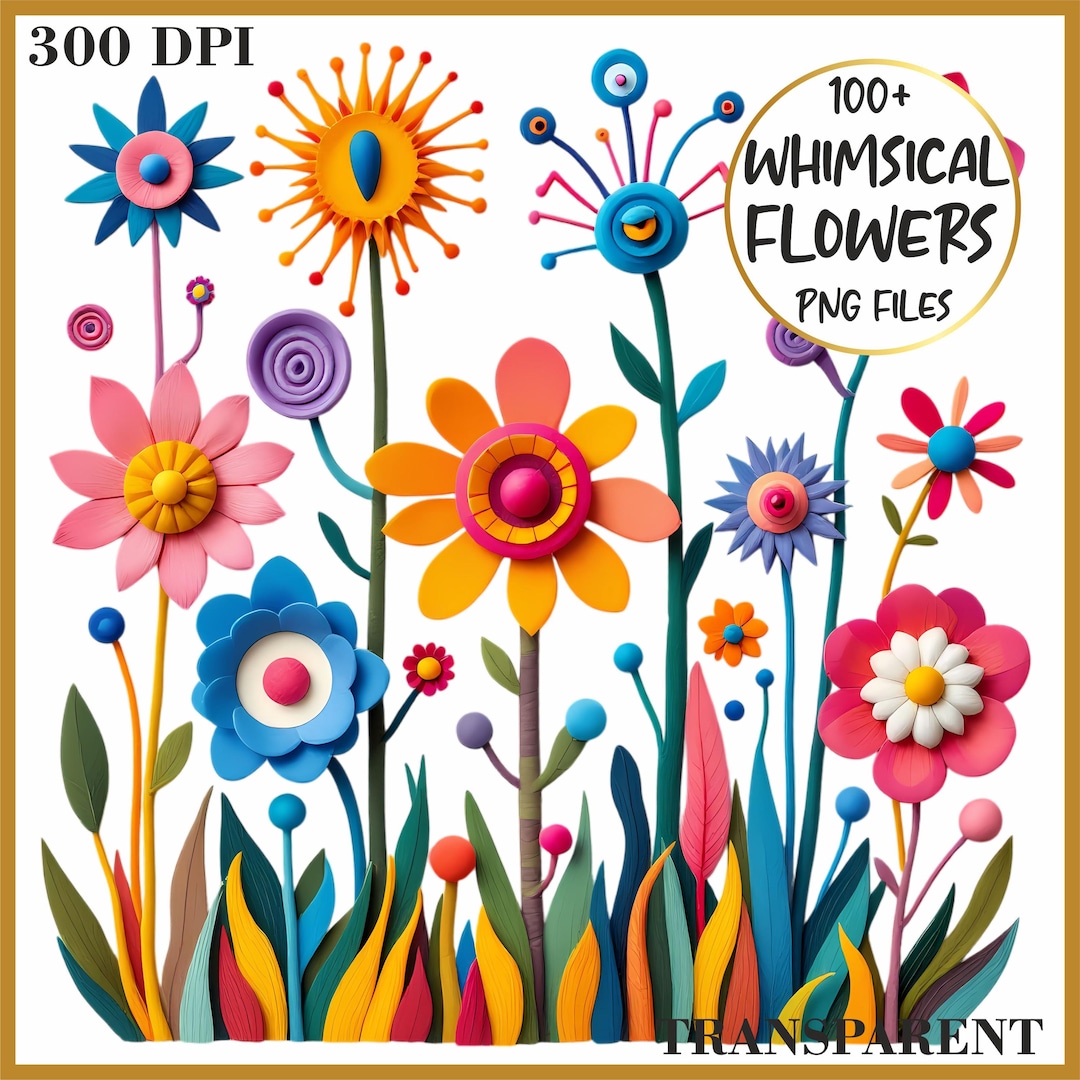 Whimsical Flower Clipart Bundle: 100+ Transparent Pngs (digital ...