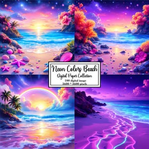 Neon Beach Digital Paper: 100 Fantasy Seaside Images (digital Download ...