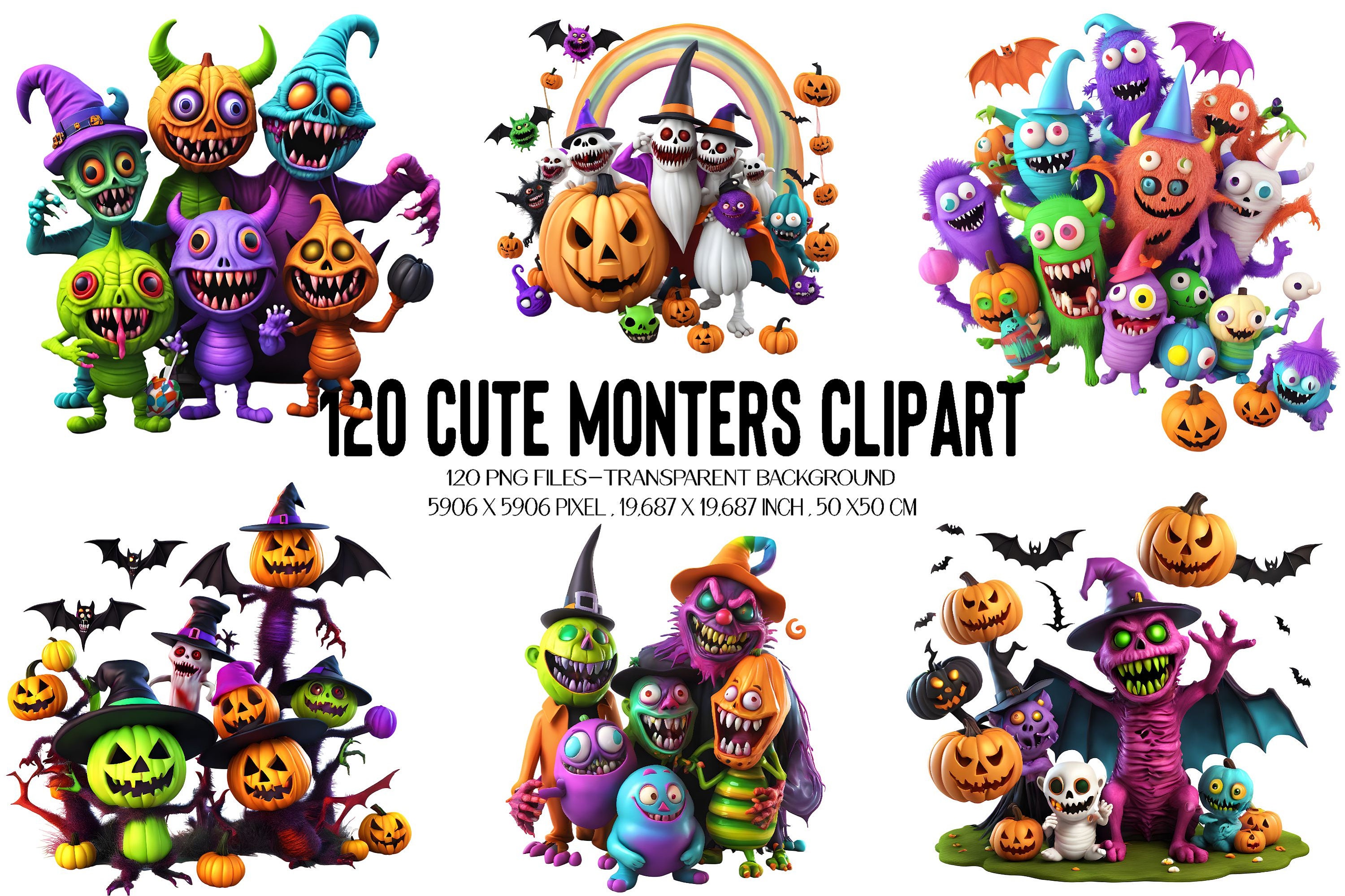 Neon Color Halloween Monster Clipart's, 120 PNG Clipart, Cute Monster ...