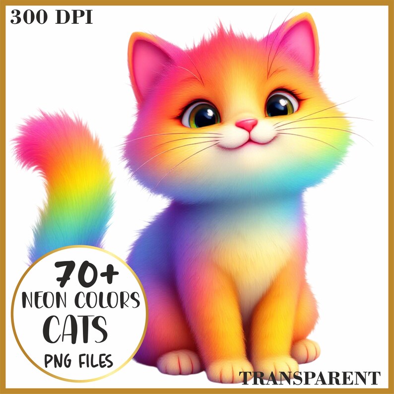 Neon Rainbow Cat Clipart PNG Bundle: 70+ Illustrations (digital ...
