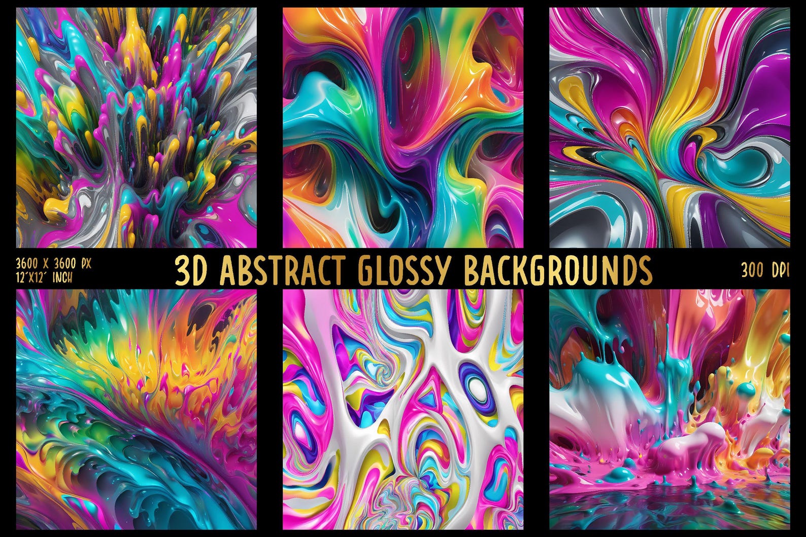 3D Abstract Glossy Digital Papers, Vibrant Backgrounds Bundle, 300 ...