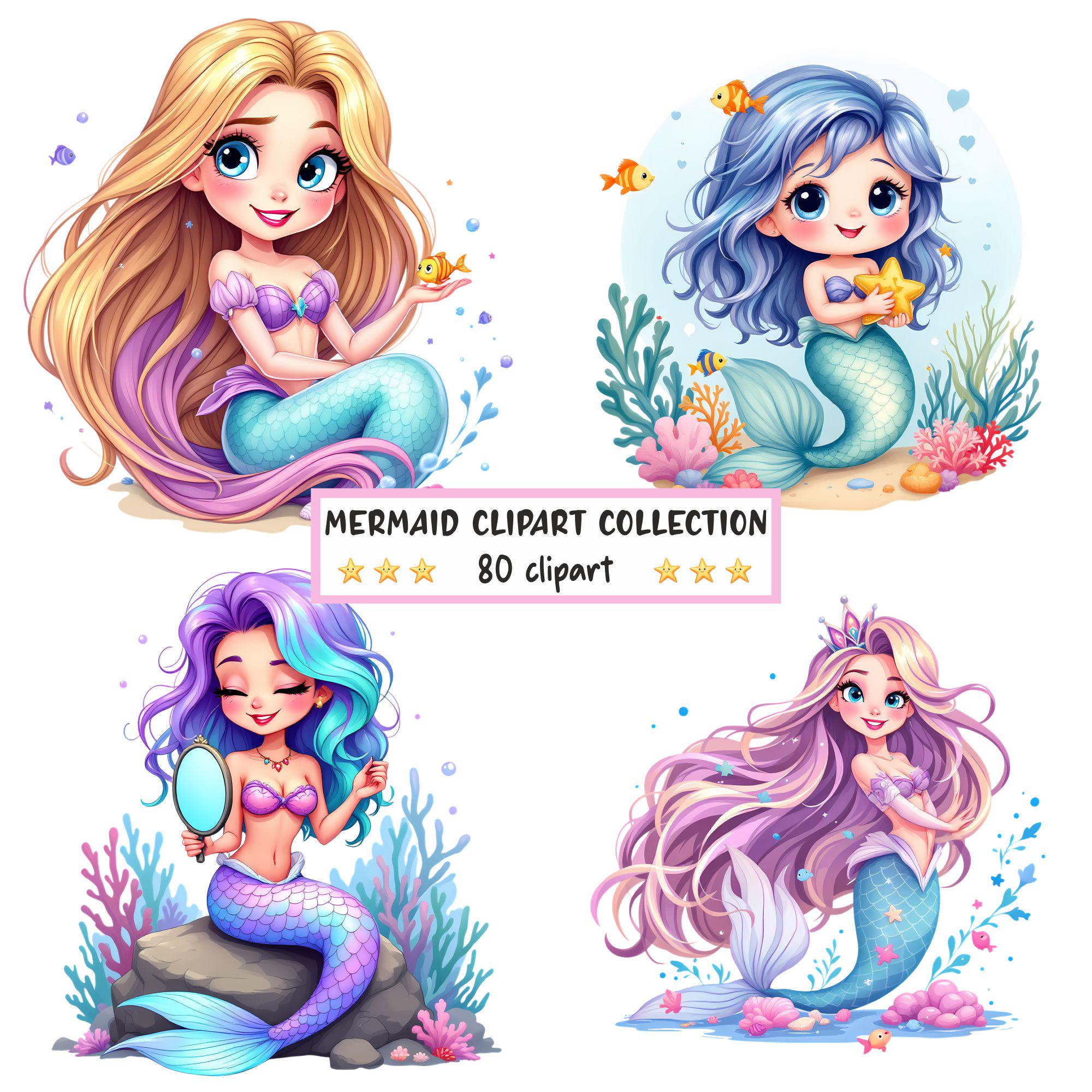 80 Mermaid Clipart Bundle, Cute Mermaid Clipart Collection, Under the ...