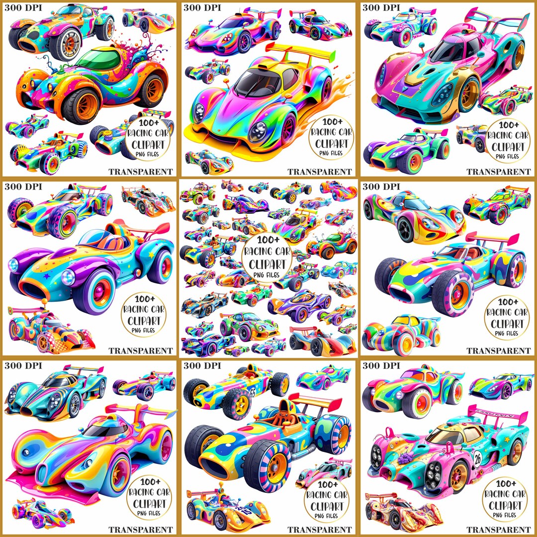 Race Car Clipart Bundle: 100+ Colorful Racing Pngs (digital Download ...