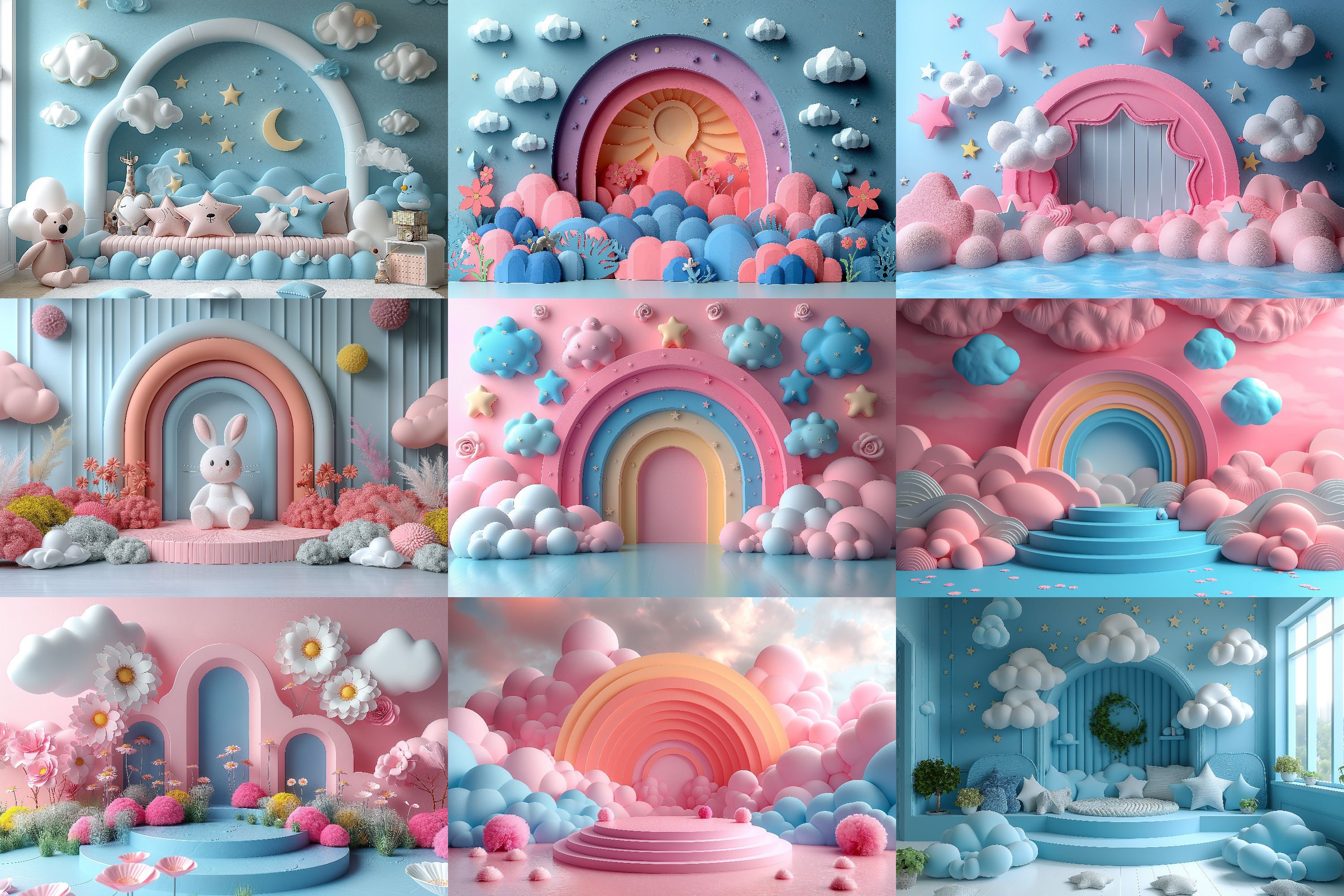 3D Baby Birthday Digital Backdrops Bundle 1, 3D Cute Kids Backgrounds ...