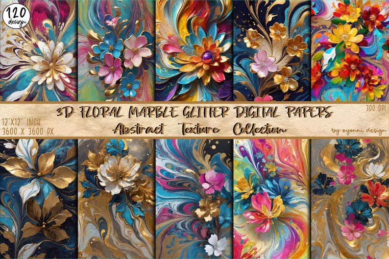 3D Luxury Floral Marble Texture Digital Papers, Glitter Accents, 120 ...