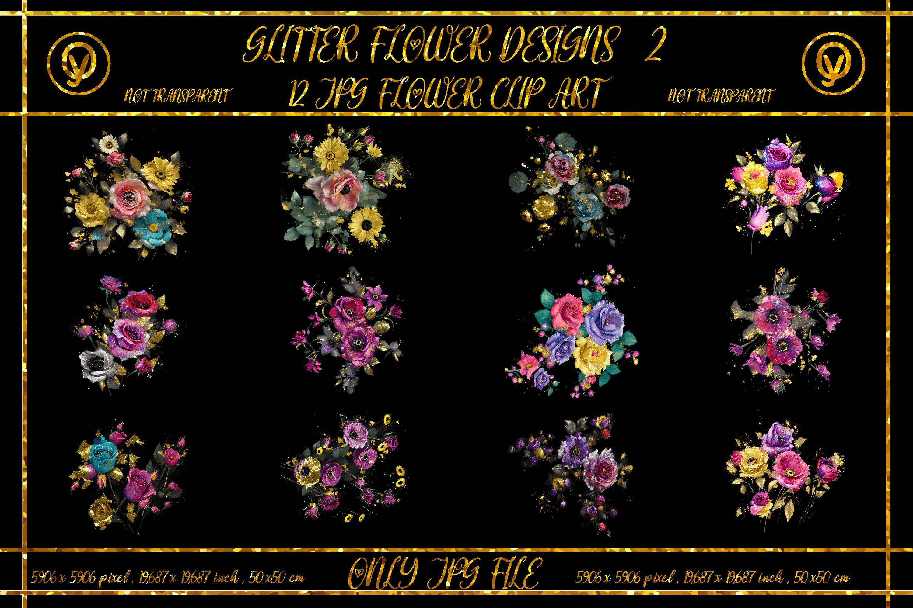 Glitter Flower Clip Art on Black Background Volume 2, Add a Touch of ...