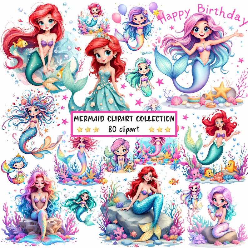 80 Mermaid Clipart Bundle, Cute Mermaid Clipart Collection, Under the ...