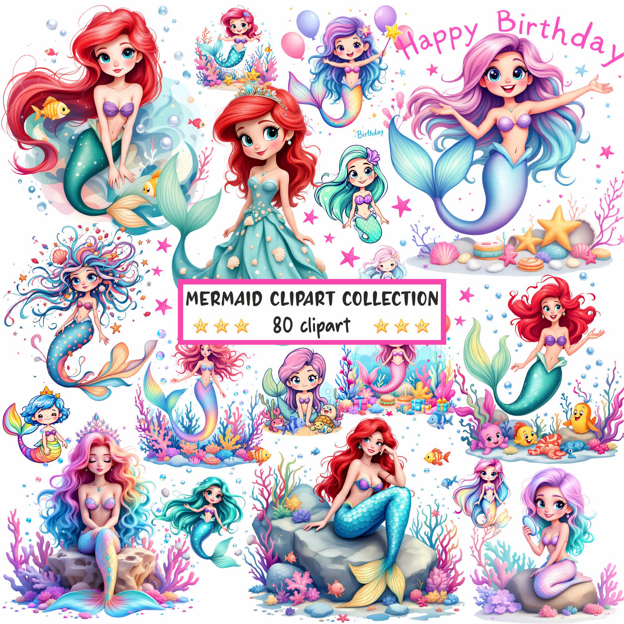 80 Mermaid Clipart Bundle, Cute Mermaid Clipart Collection, Under the ...