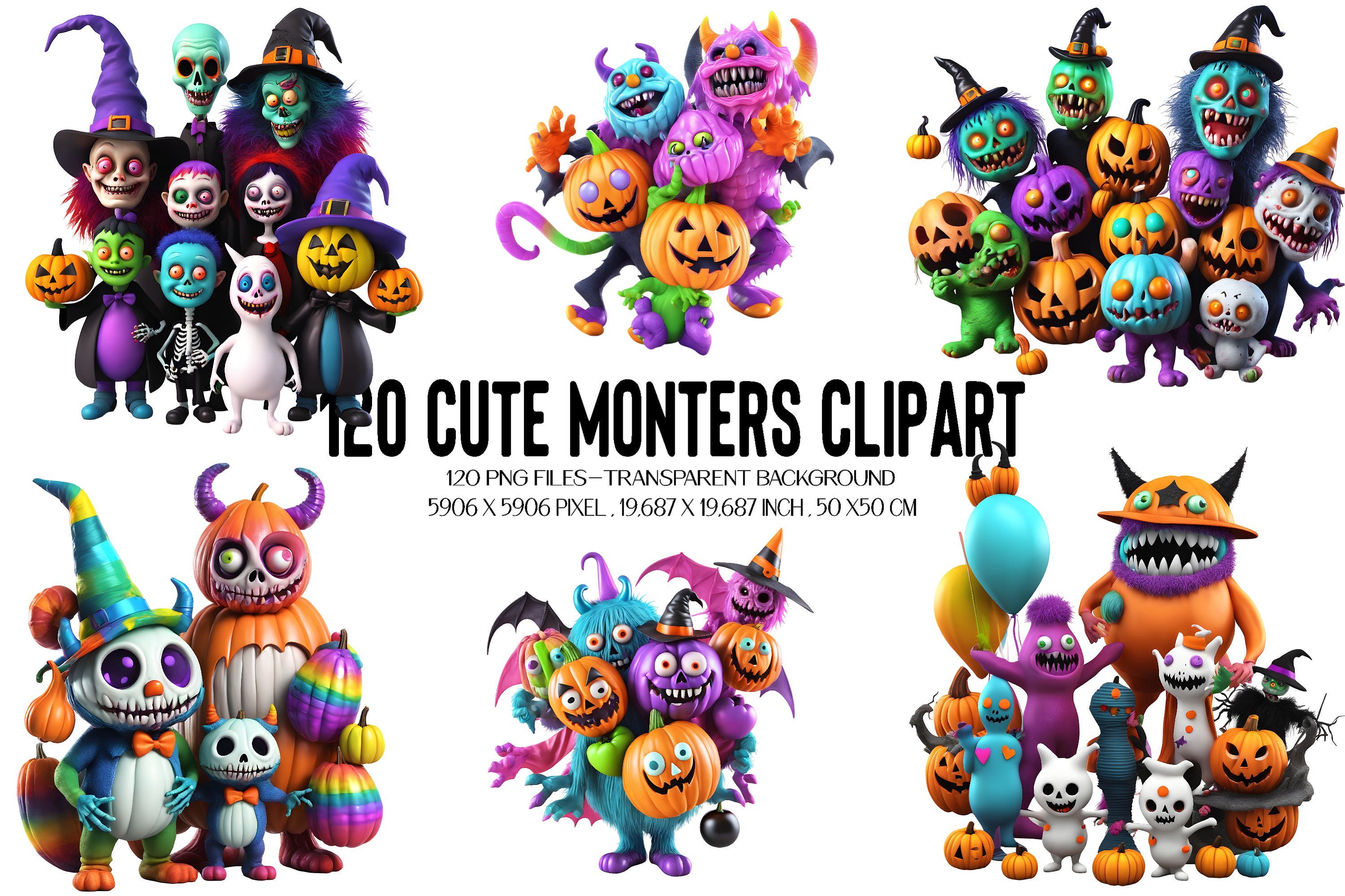 Neon Color Halloween Monster Clipart's, 120 PNG Clipart, Cute Monster ...