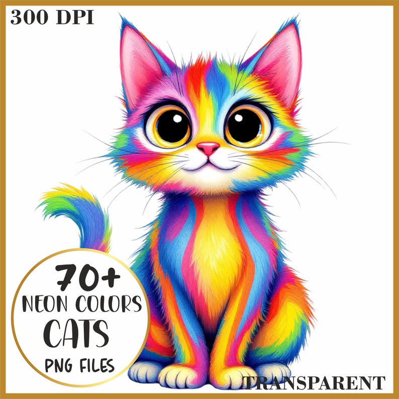 Neon Rainbow Cat Clipart PNG Bundle: 70+ Illustrations (digital ...