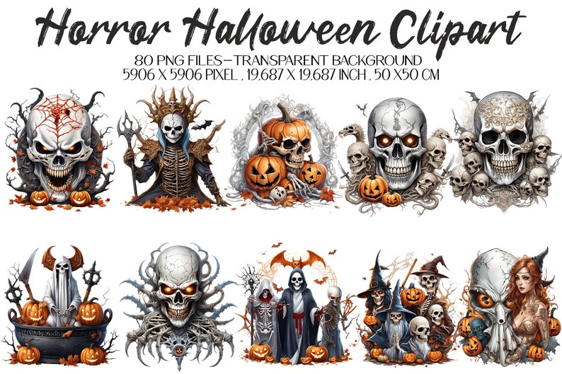 80 Horror Halloween Characters Clipart PNG Bundle, Scary Halloween ...