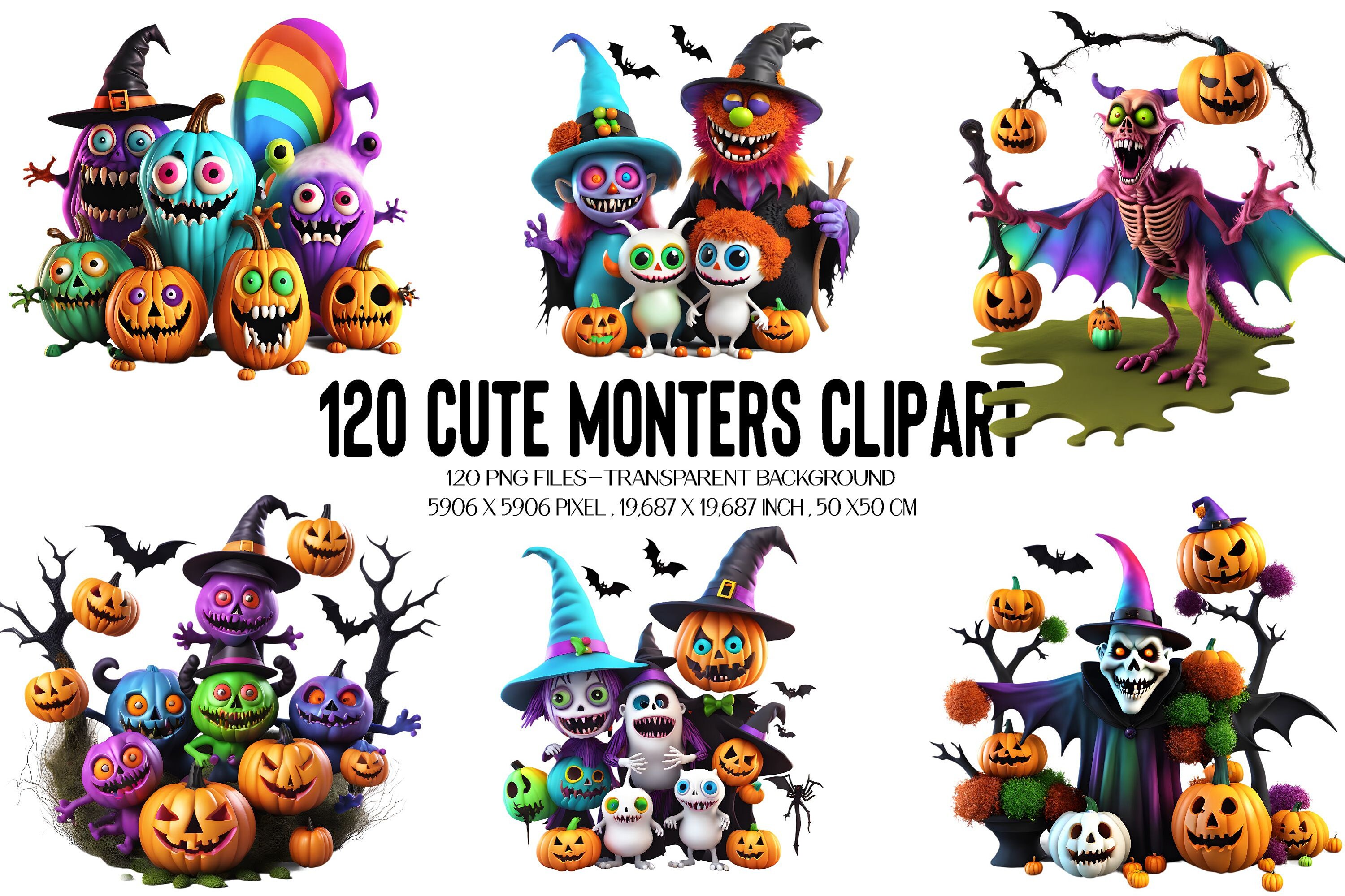 Neon Color Halloween Monster Clipart's, 120 PNG Clipart, Cute Monster ...
